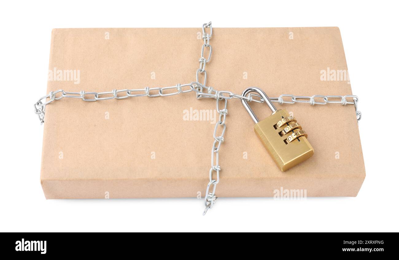 One parcel with chain and padlock isolated on white Stock Photo - Alamy