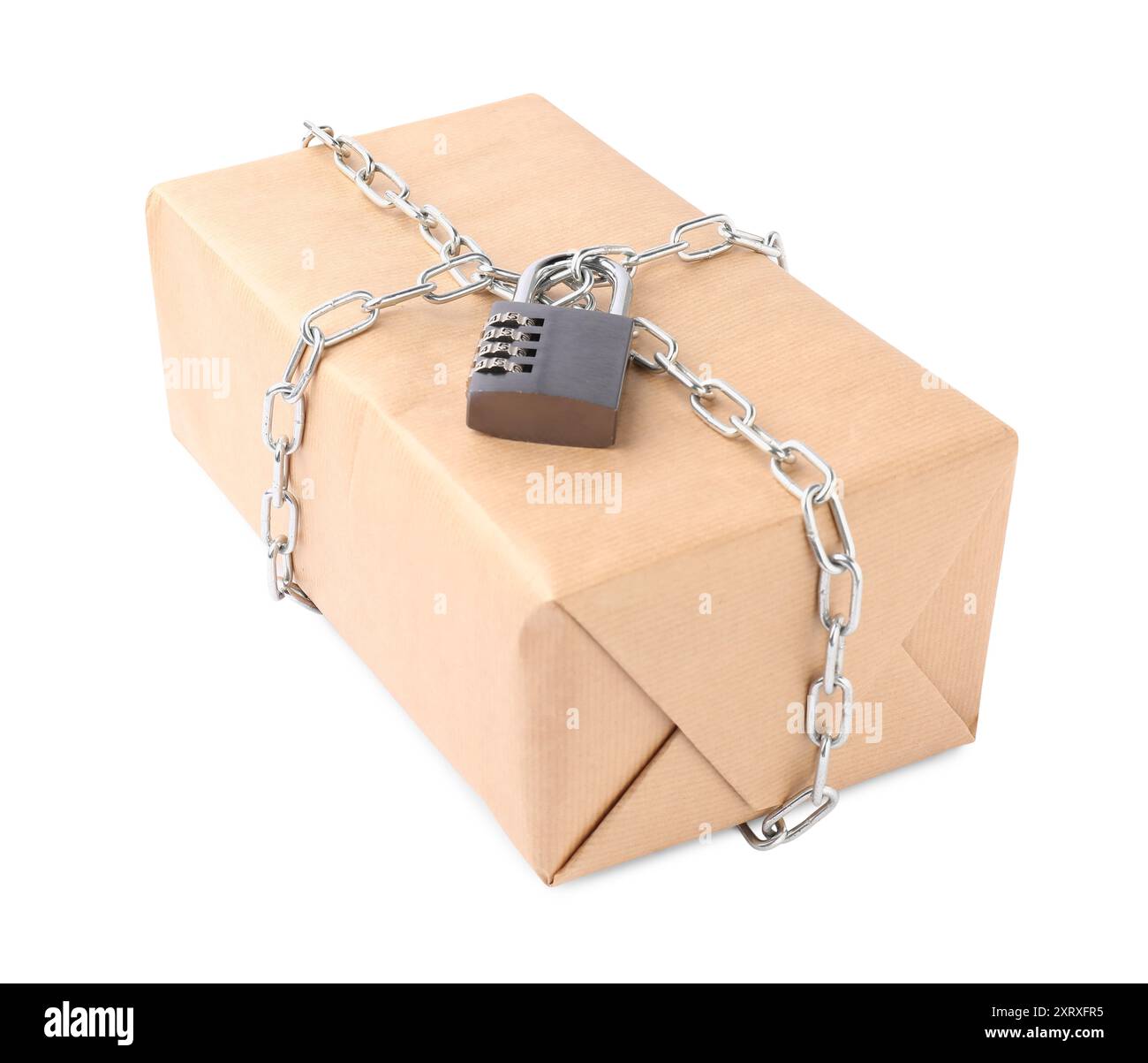 One parcel with chain and padlock isolated on white Stock Photo - Alamy