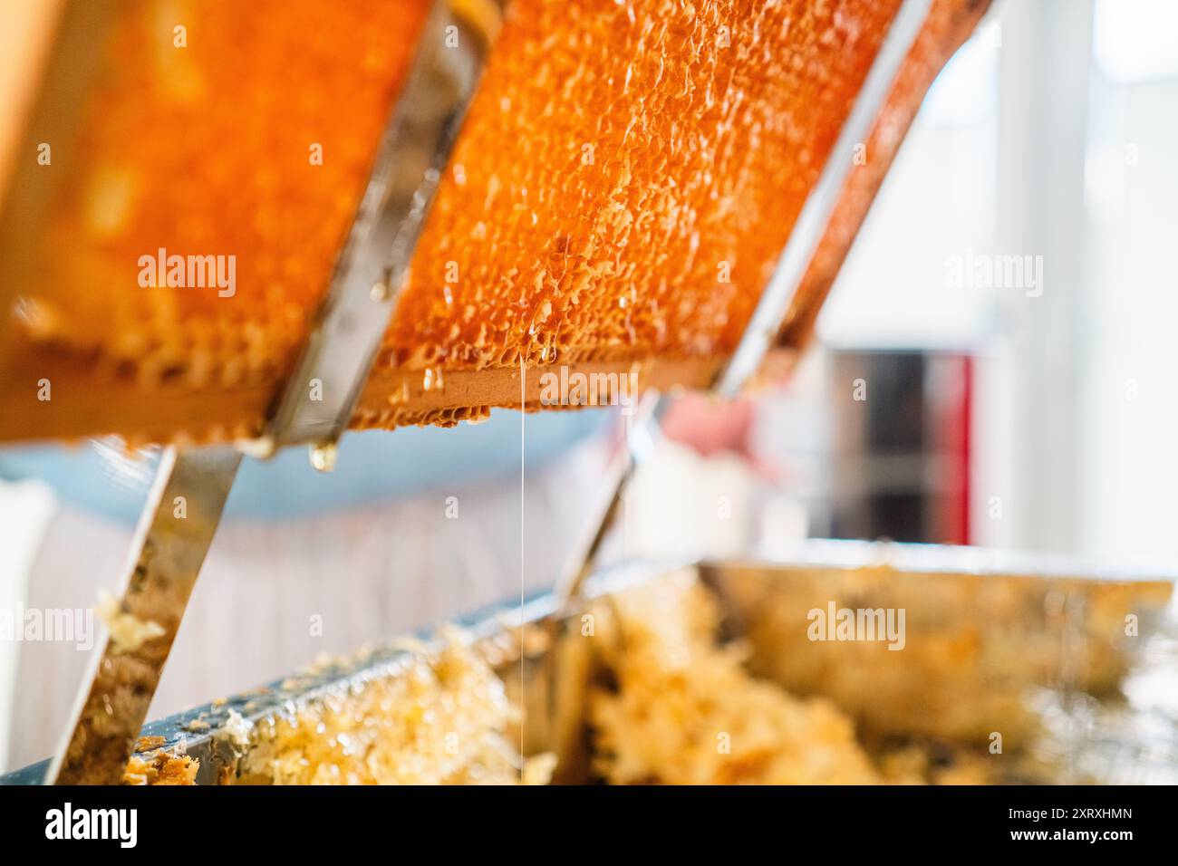 Viscouse String of Honey Dripping Down Golden Honeycombs from the ...