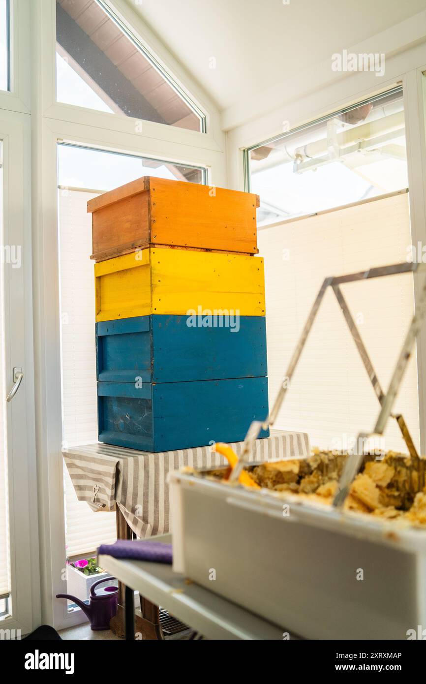 Stack of Wooden Beehive Boxes Ready for Bee Honey Harvest Stock Photo ...