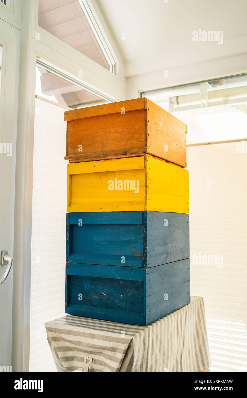 Wooden Beehive Boxes Stacked Onto Each Other Stock Photo - Alamy