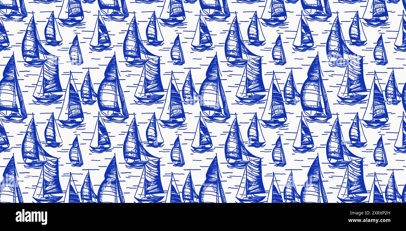 Coastal sail boat in azure ocean blue seamless border background ...