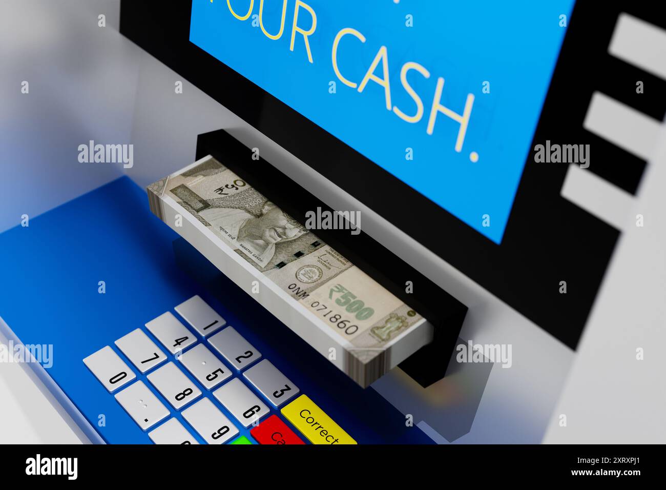 ATM Machine Closeup with Indian Rupee 500 Note Bundle - 3D Illustration Render Stock Photo - Alamy