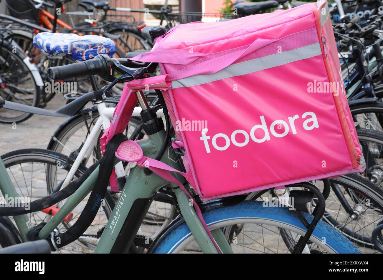 Copenhagen/ Denmark/12 August 2024/ Foodora delivery man in danish ...