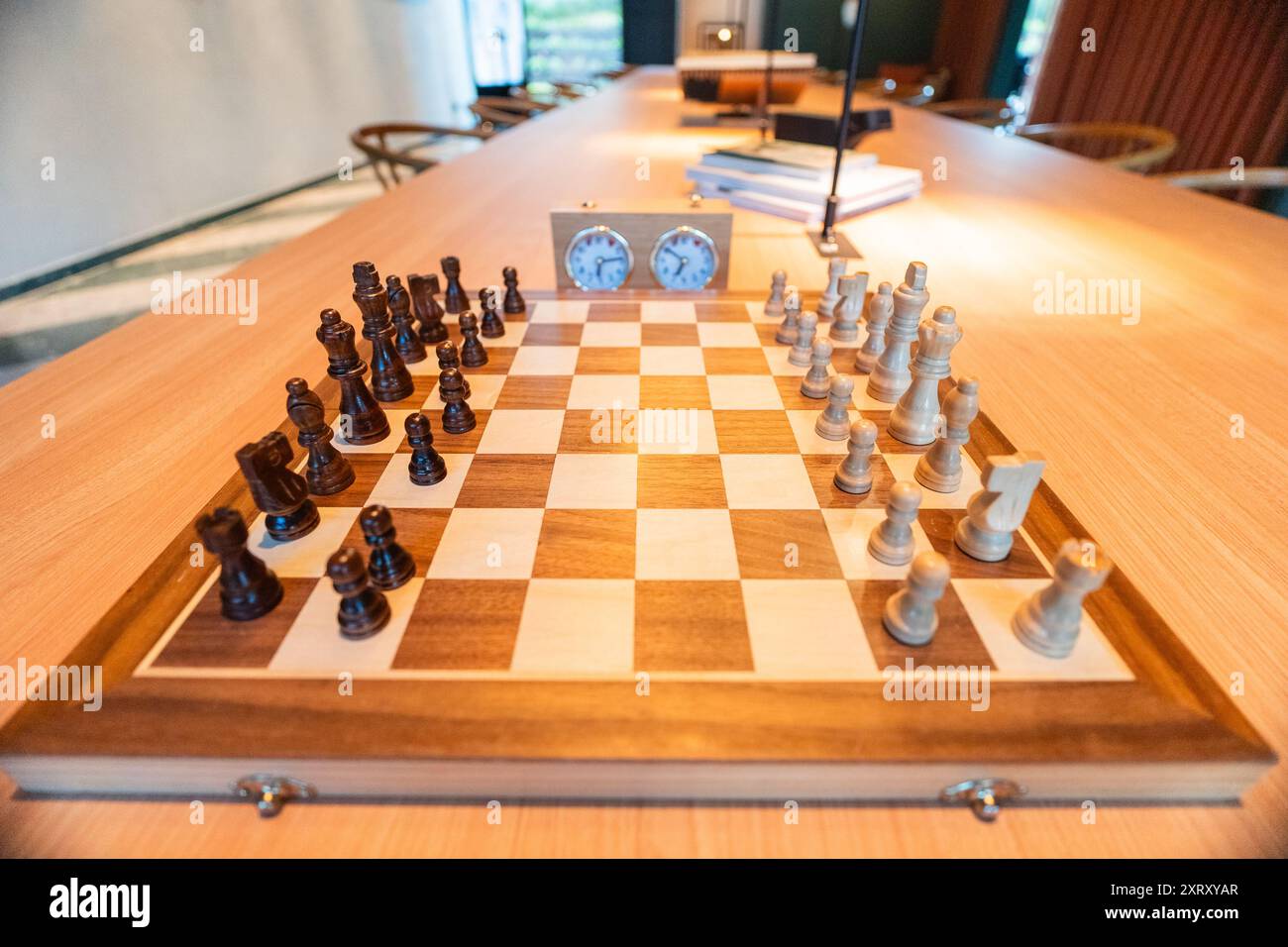 Beginning of Chess Game on a Chess Board With Black and White Chess ...