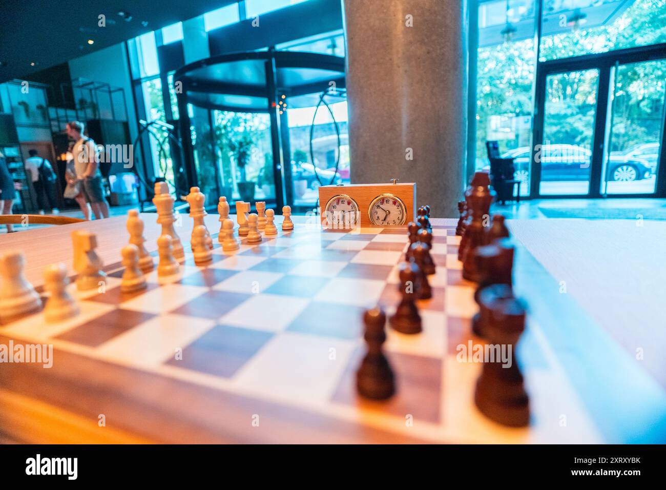 Chess Game Opening on a Wooden Chess Board with Black and White Pieces ...