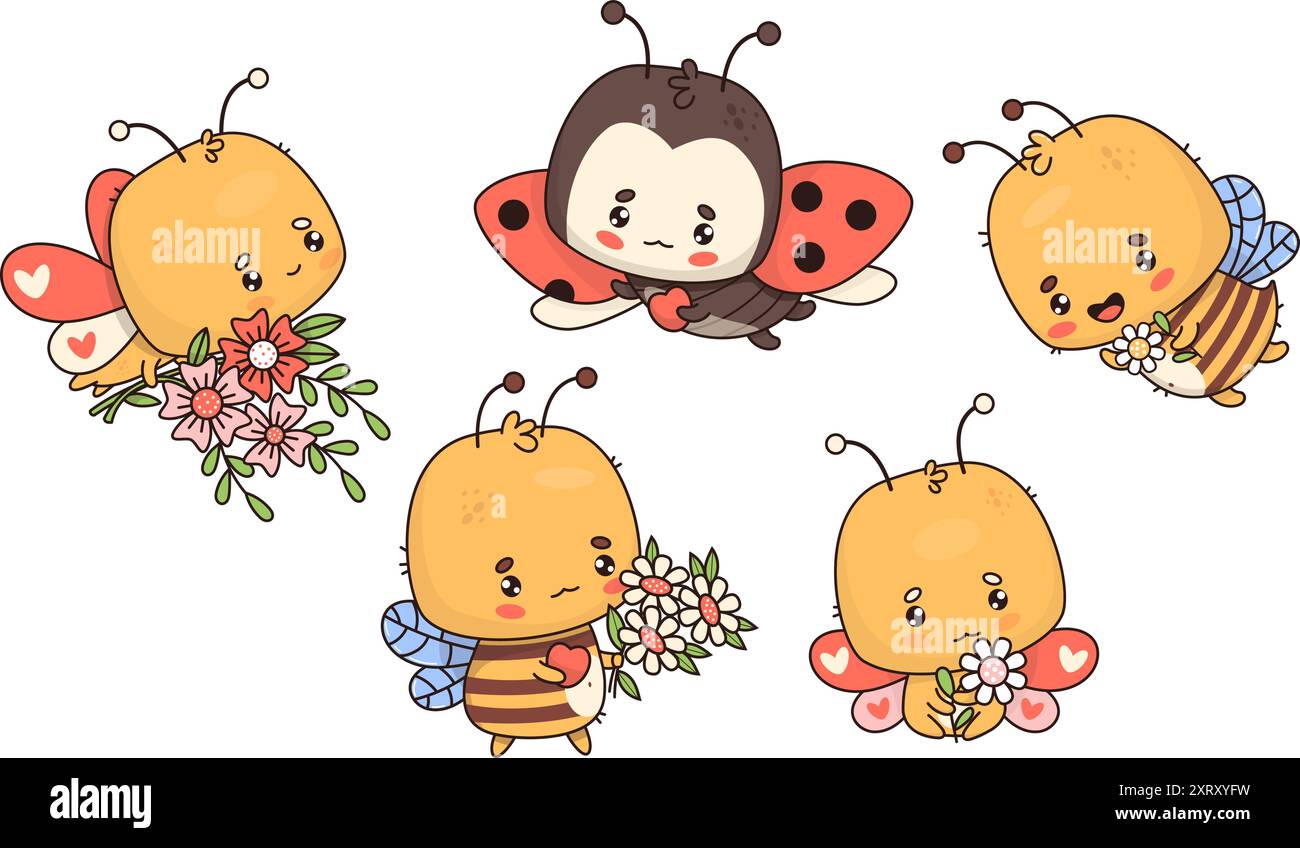 Cute holiday insects set. Cartoon butterfly, bee and ladybug with ...