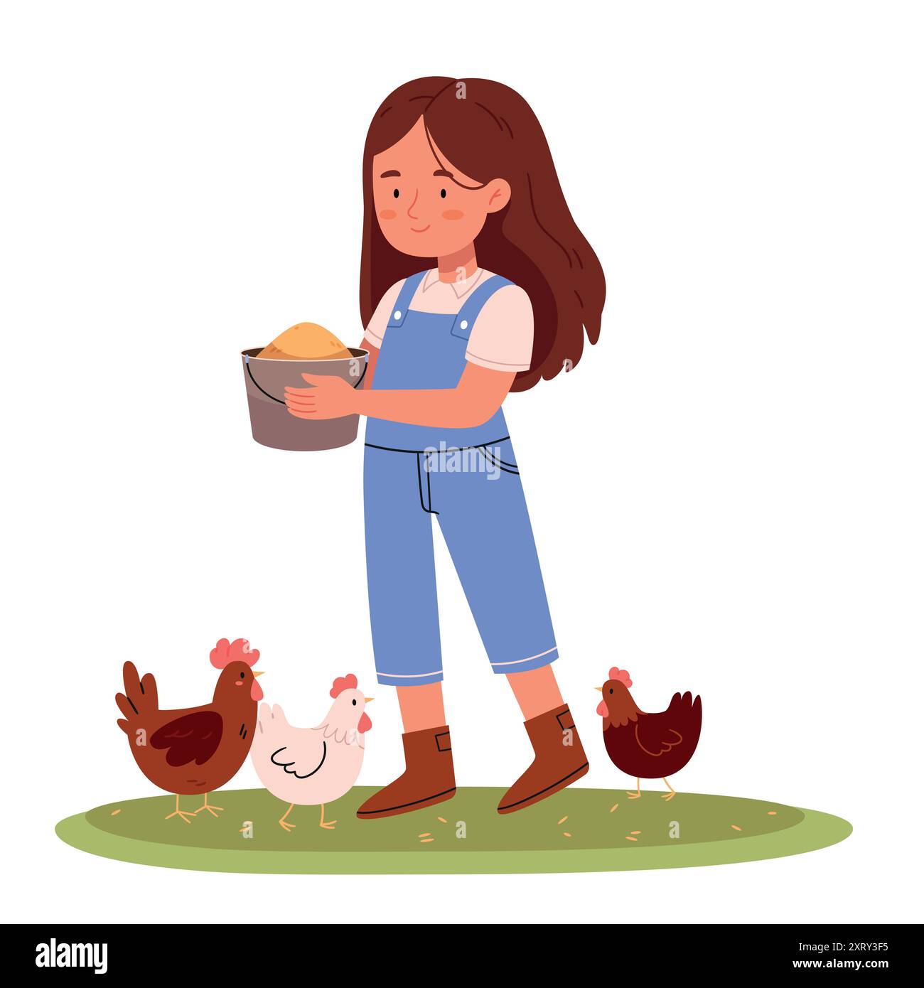 A girl farmer in work clothes feeds chickens.Cartoon child give food ...