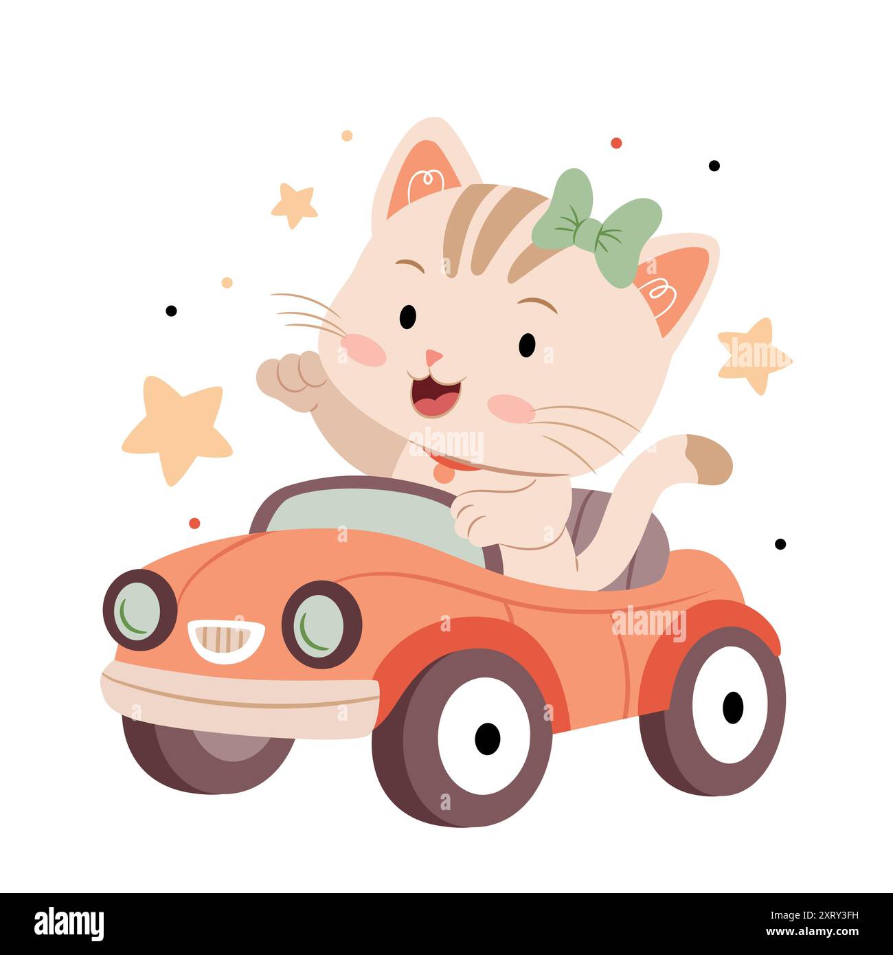 Cute Cartoon cat in a pink car.Kitten Girl.Hand drawn illustration for ...