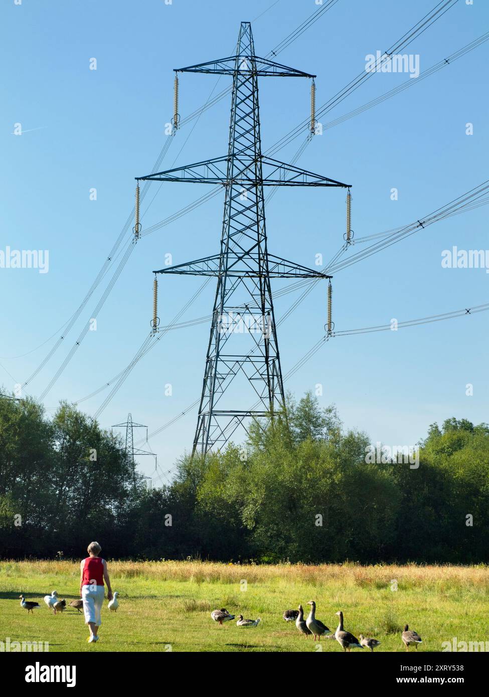 Giant pylons by the Thames at Kennington, dwarfing the solitary walker ...
