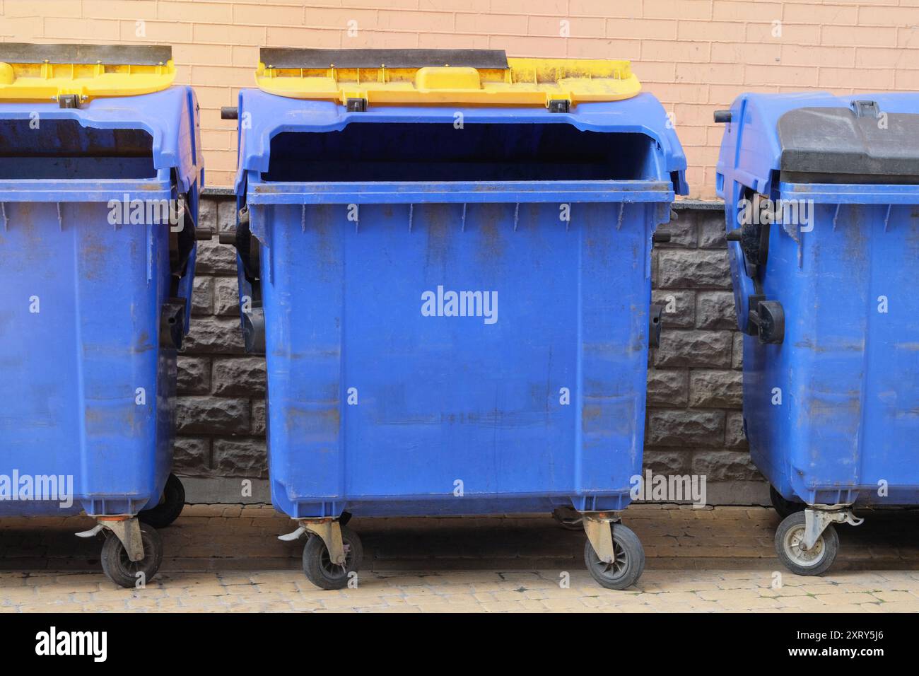 Garbage bins in city. Dustbins being full with garbage. Garbage is pile ...