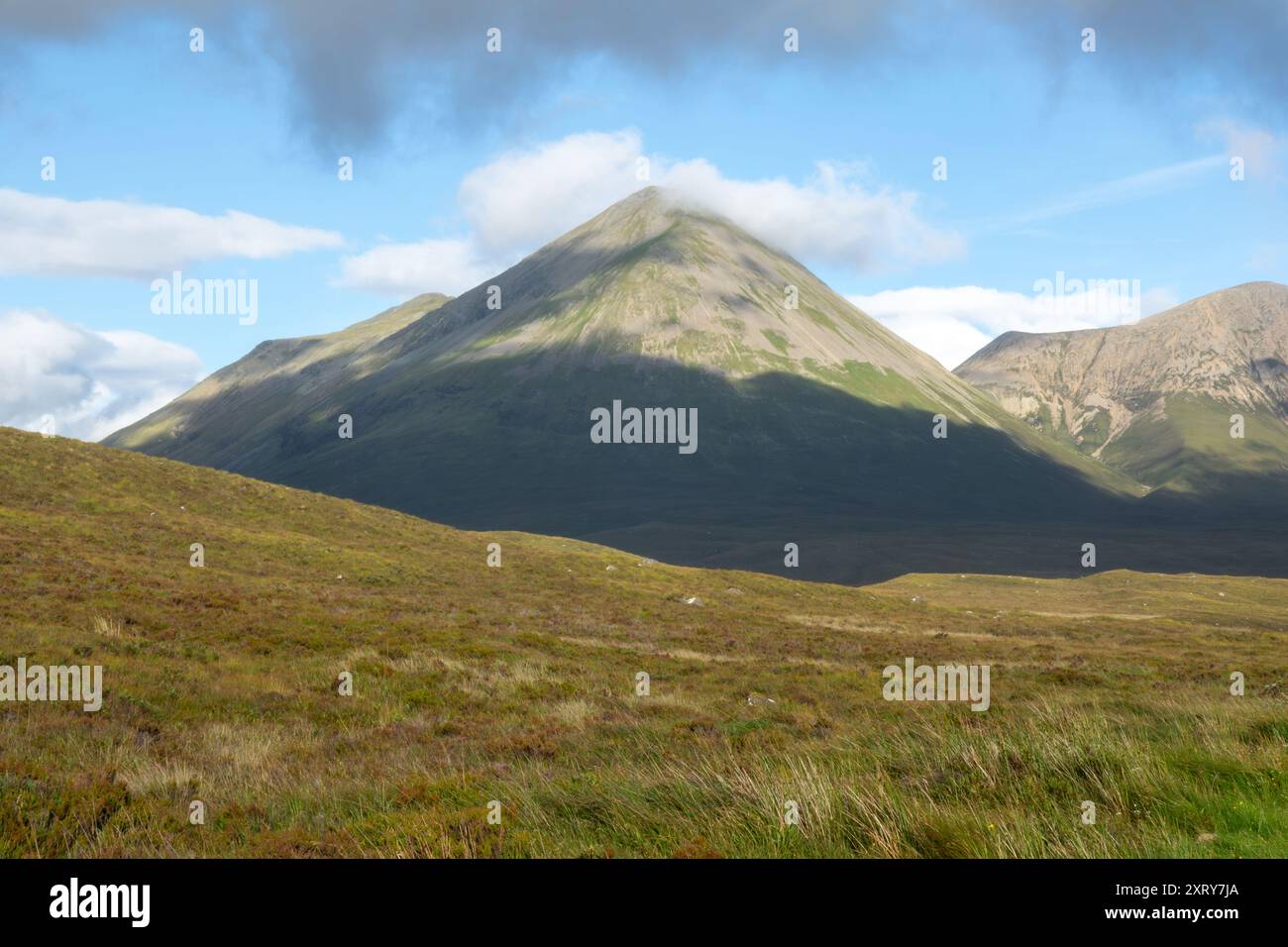 A grassy field stretches into the distance, with a towering mountain in ...