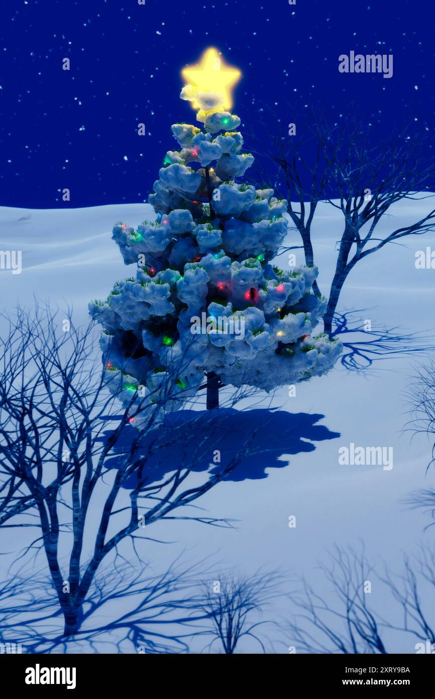 Winter night among trees and dry branches stands out a lush cone-shaped ...