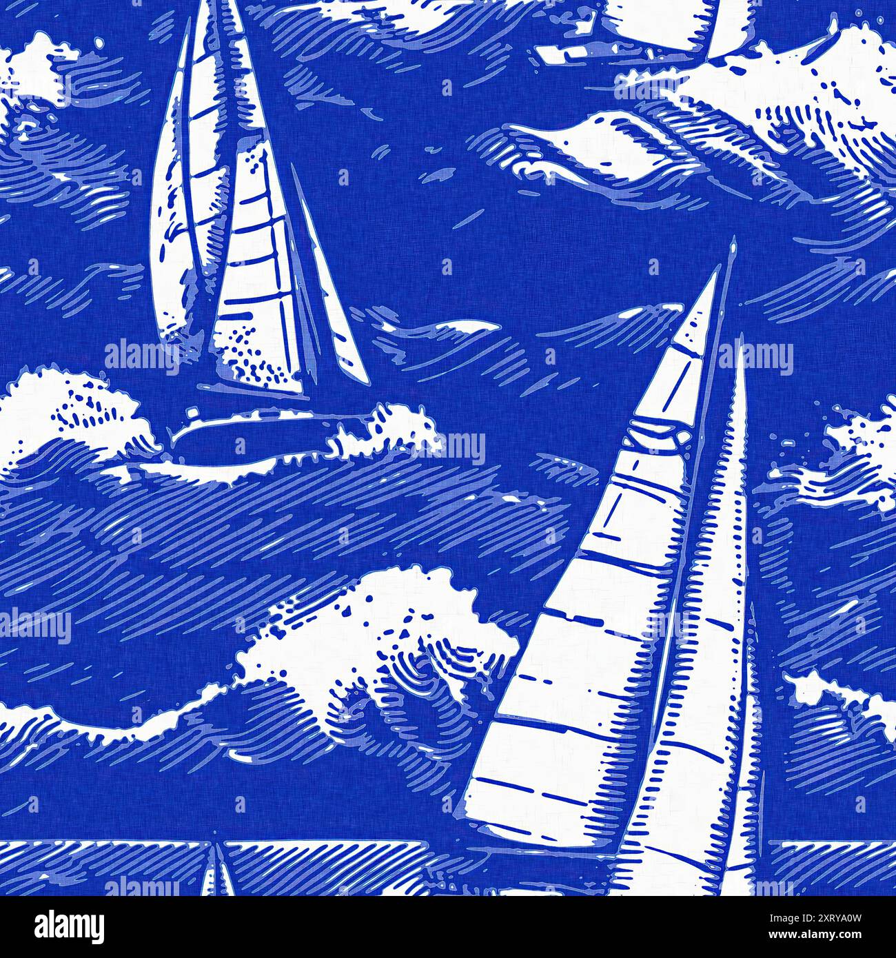 Coastal sail boat in azure ocean blue seamless background, Modern ...
