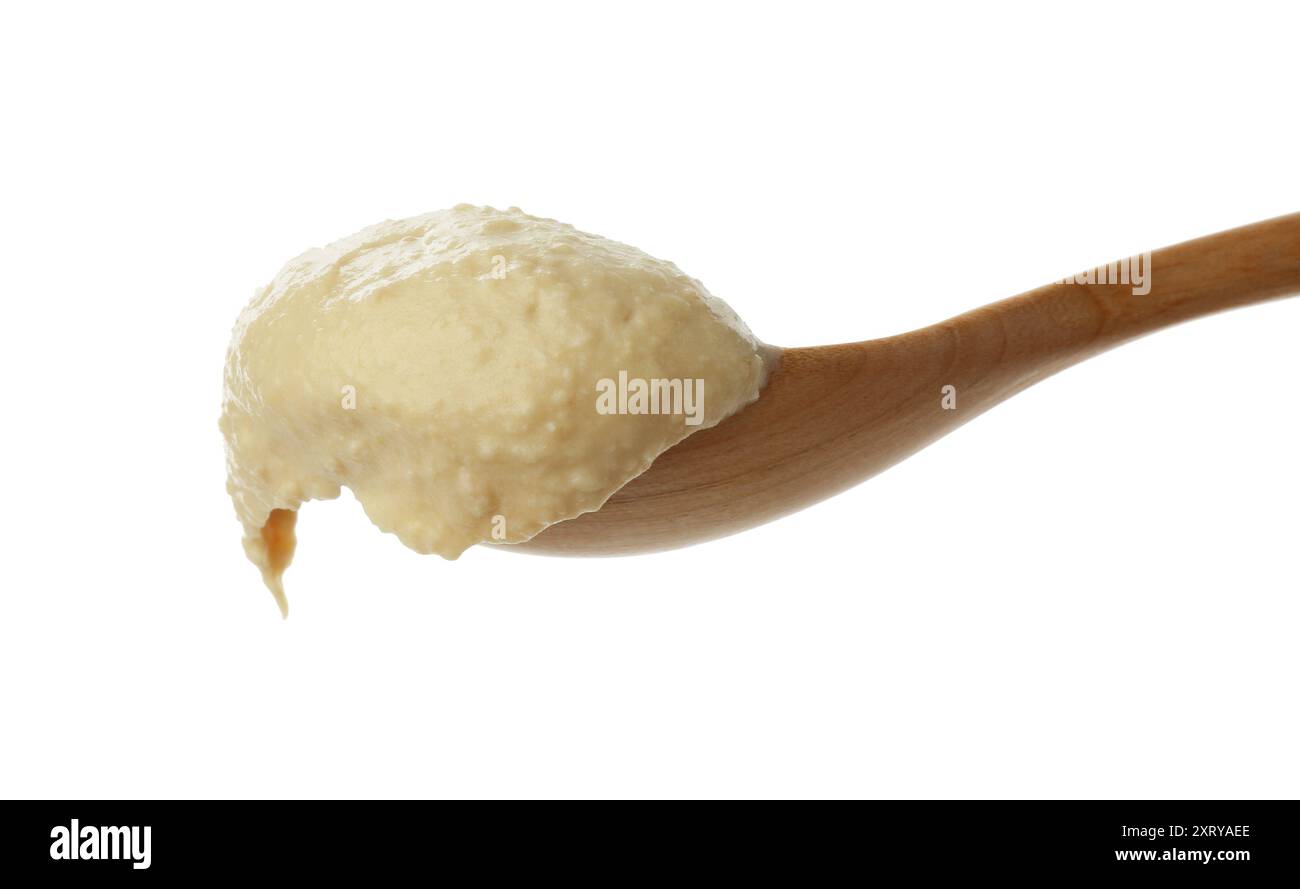 Spoon with delicious hummus isolated on white Stock Photo - Alamy