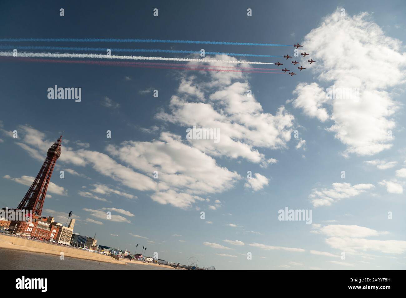 The RAF Red Arrows at Blackpool Air Show, flying over Blackpool Tower ...