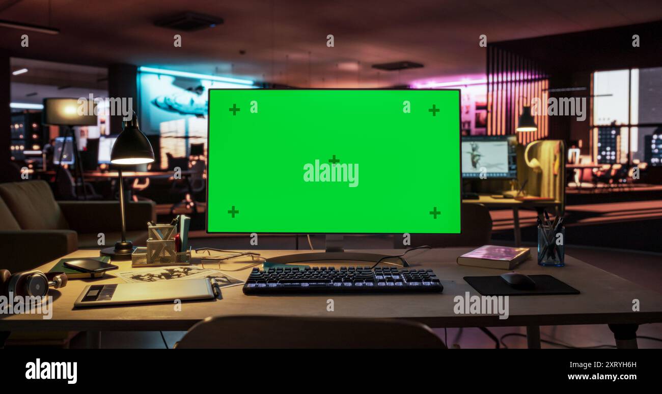 Desktop Computer with Mock Up Green Screen Chroma Key Display Standing ...