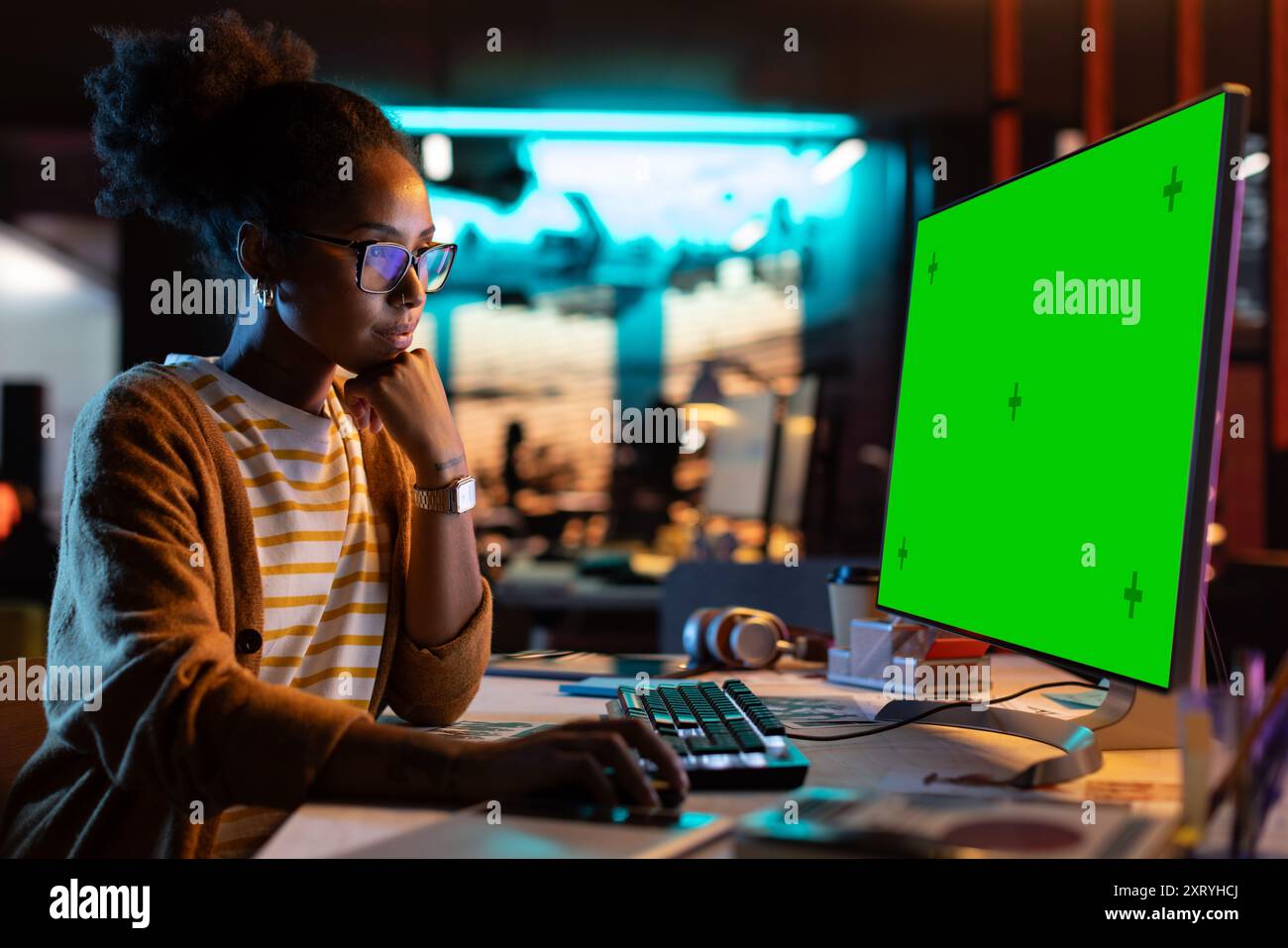 Portrait of Creative Black Woman Sitting at Her Desk Using Desktop ...