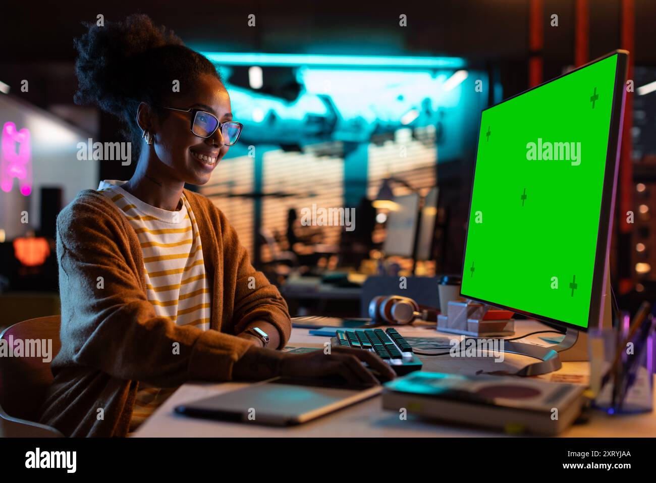 Portrait of Creative Black Woman Sitting at Her Desk Using Desktop ...