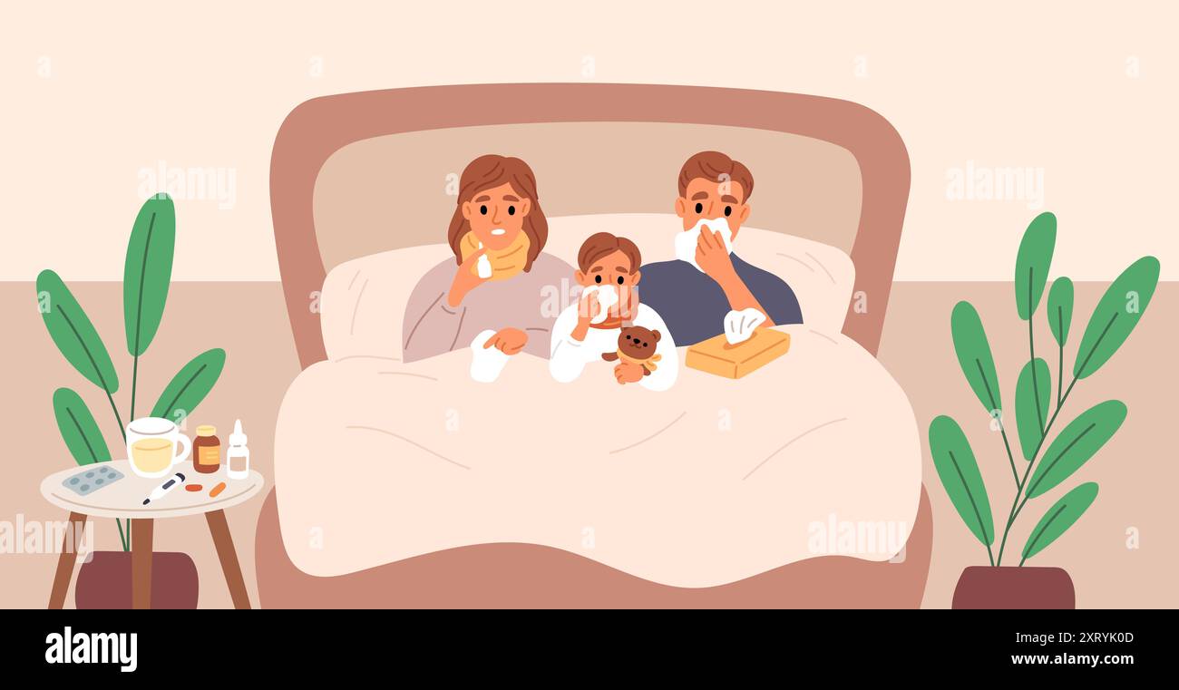 Ill family. Parents and child with cold. People suffer from flu ...