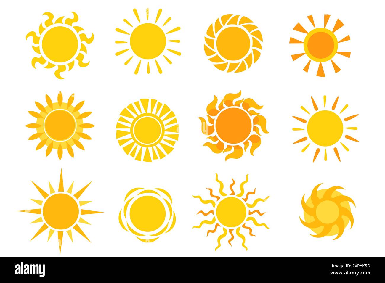 Different yellow sun icons. Summer sunshine. Various shape and number ...