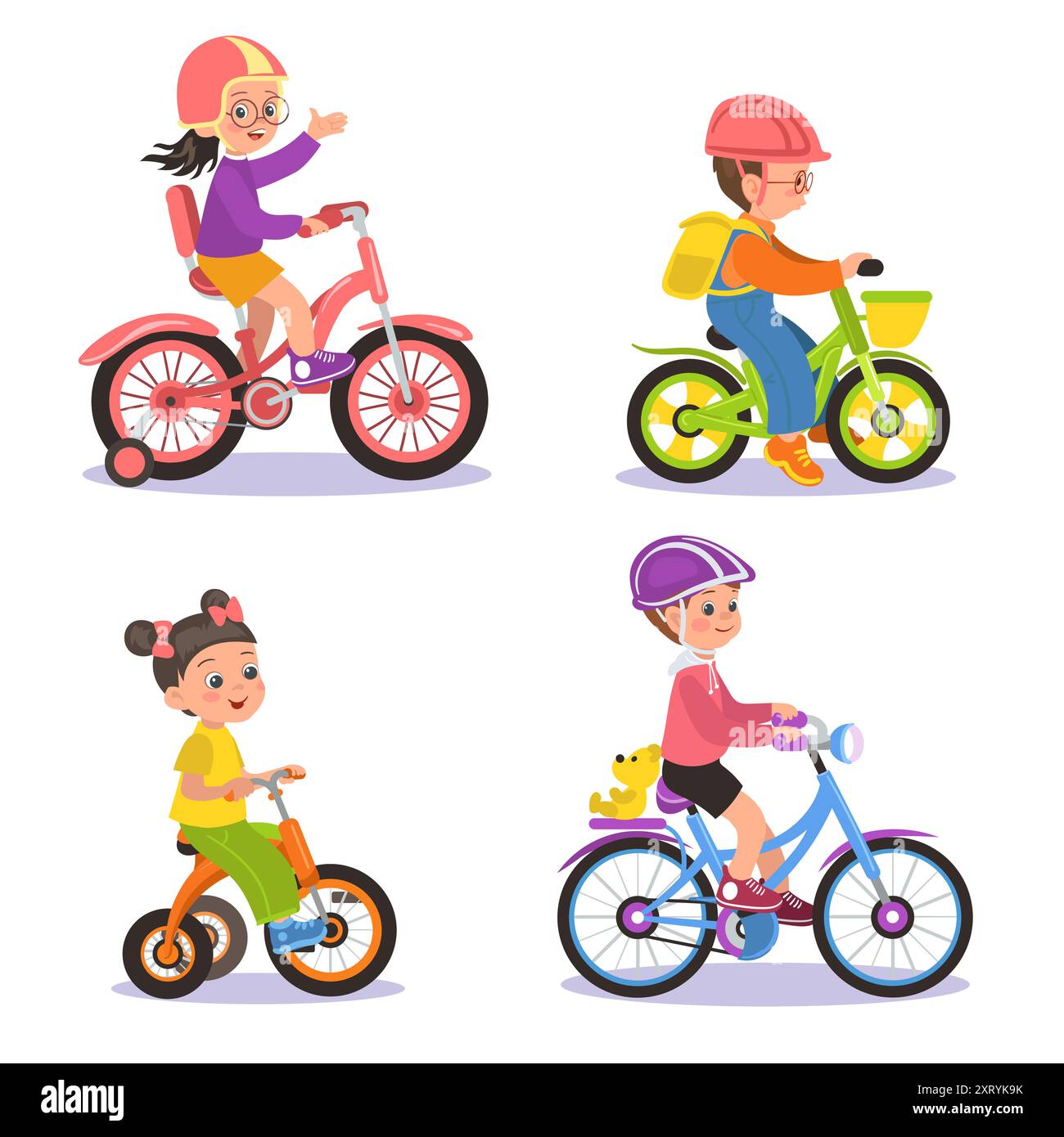 Cute girls and boys riding on bikes. Happy children ride color bicycles ...