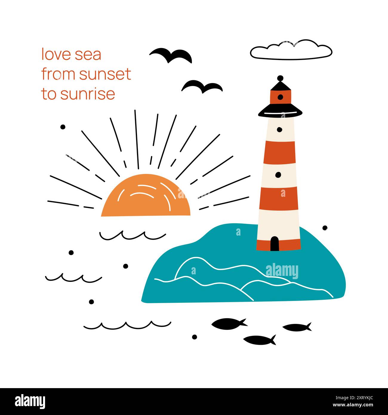 Cartoon sea life card. Ocean travel. Sunrise landscape. Beach vacation ...