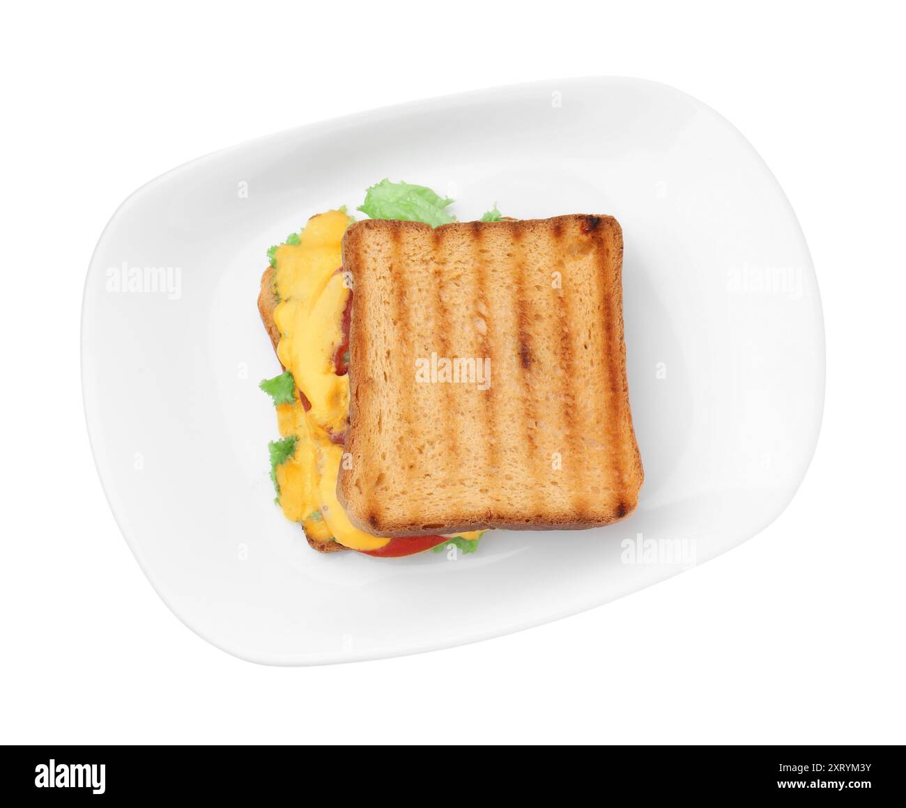 Tasty toasted bread with melted cheese, tomato and lettuce isolated on ...