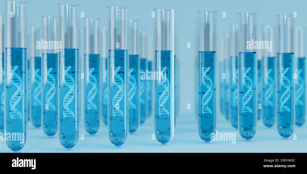 Row of Test tubes with DNA double helix strand inside on blue ...