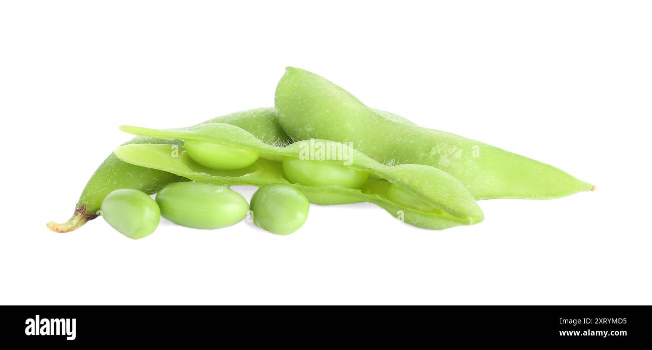 Raw green edamame pods with soybeans isolated on white Stock Photo - Alamy