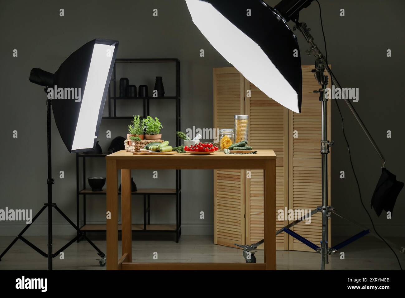 Shooting food in photo studio with professional lighting equipment ...