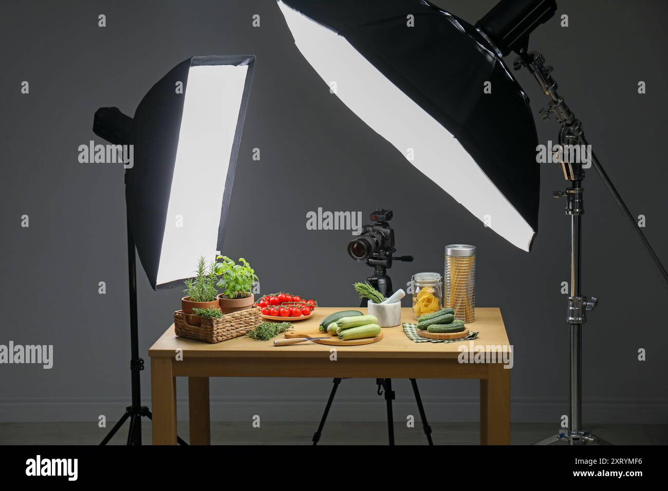 Shooting food in photo studio with professional lighting equipment ...