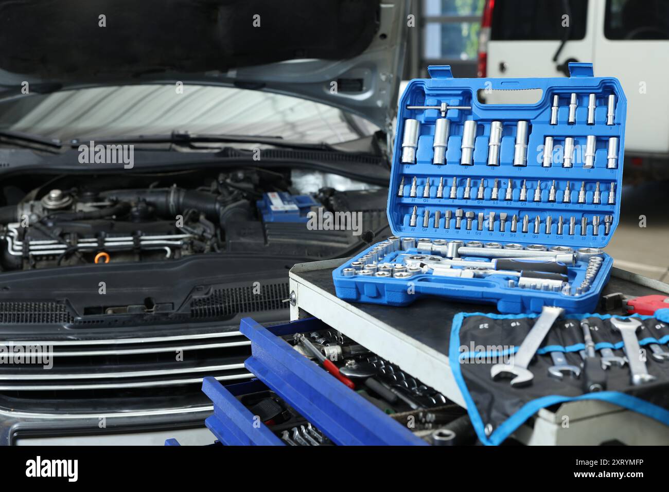 Set of different auto mechanic's tools indoors Stock Photo - Alamy