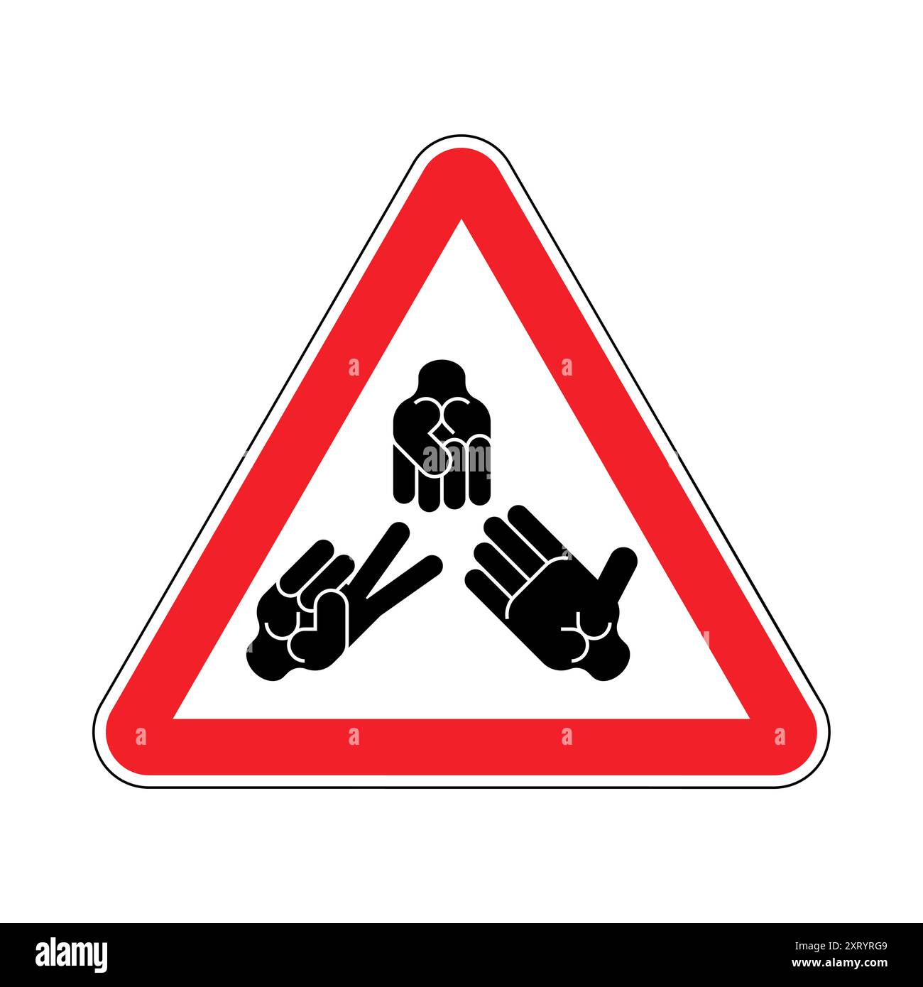 Attention fist game: rock, paper scissors. Caution Red triangular road ...