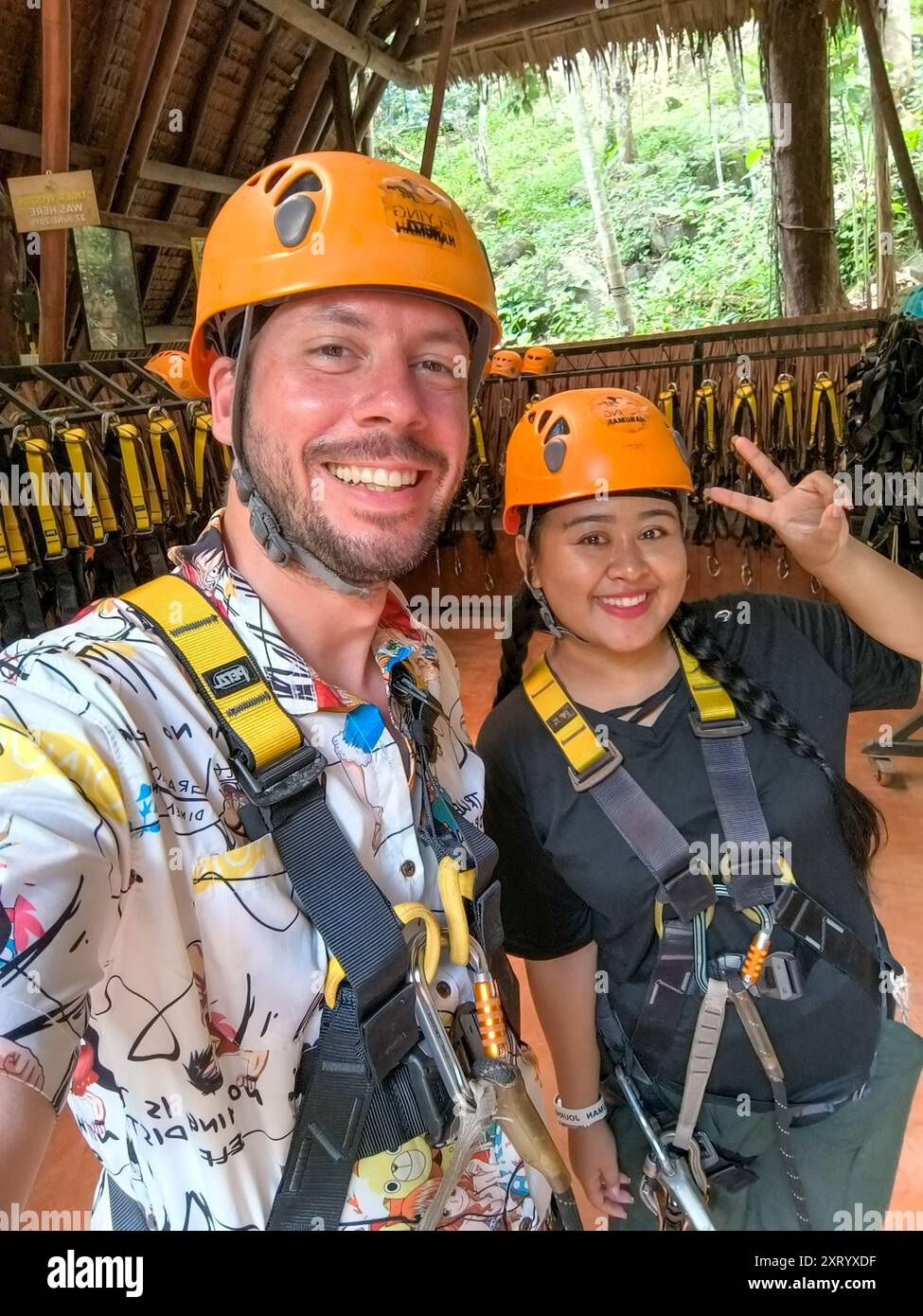 thai women and foreigner at Flying Hanuman prepare for zipline Stock ...
