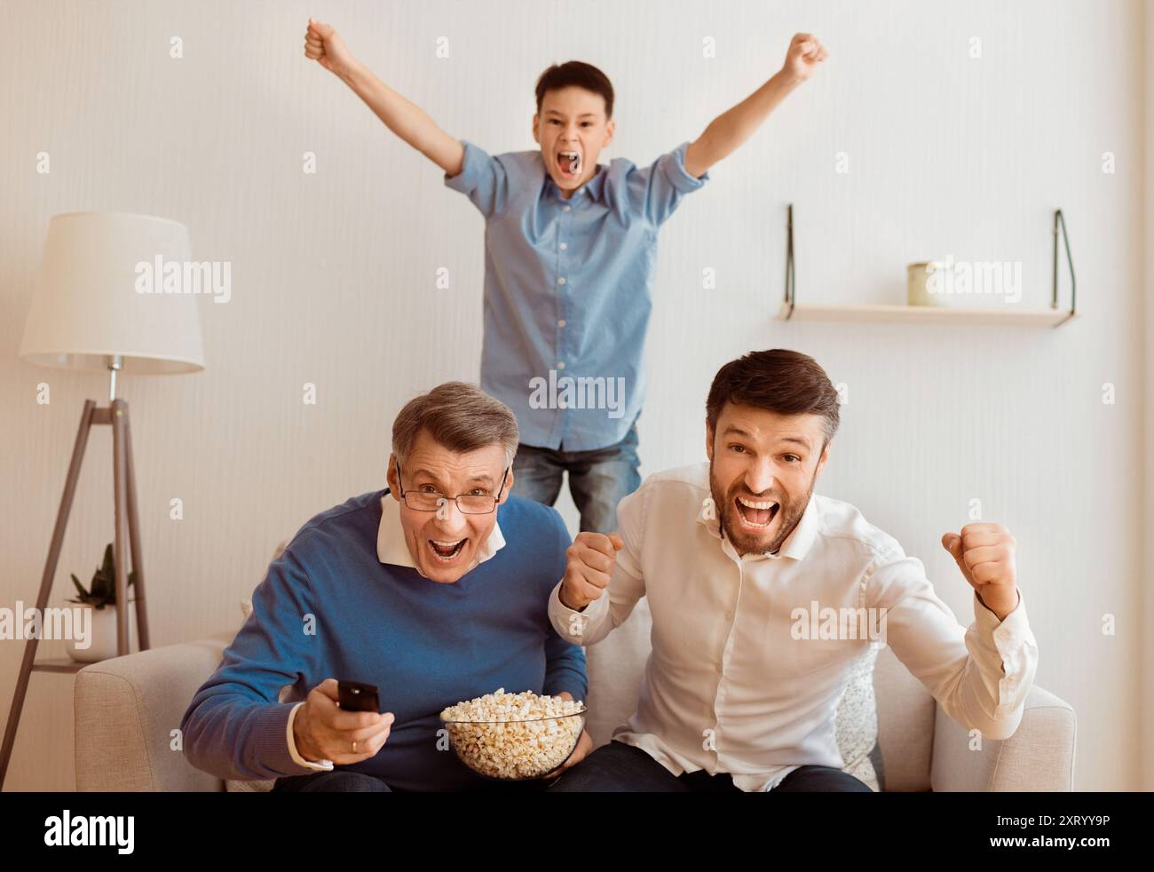 Male Family Watching Sports On TV Celebrating Victory At Home Stock ...