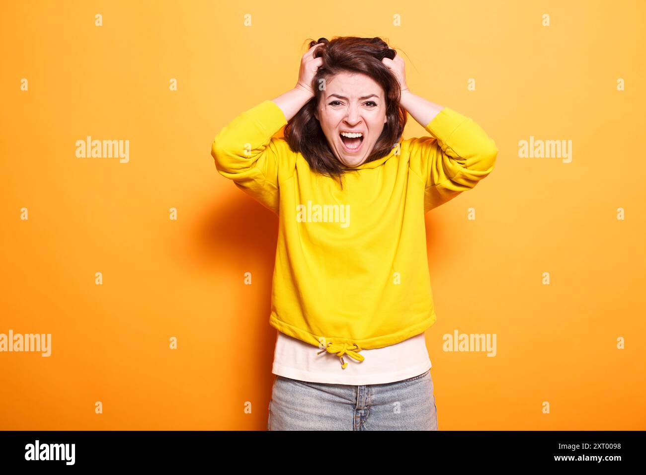 Frustrated and angry woman makes an exasperated hand gesture. Furious ...
