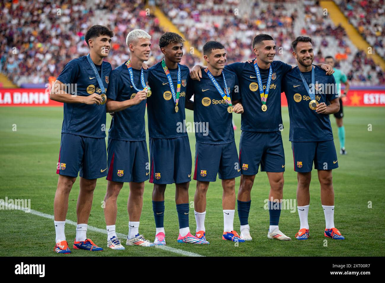 Barcelona, Spain. 12th Aug, 2024. Pau Cubarsi (FC Barcelona), Dani Olmo ...