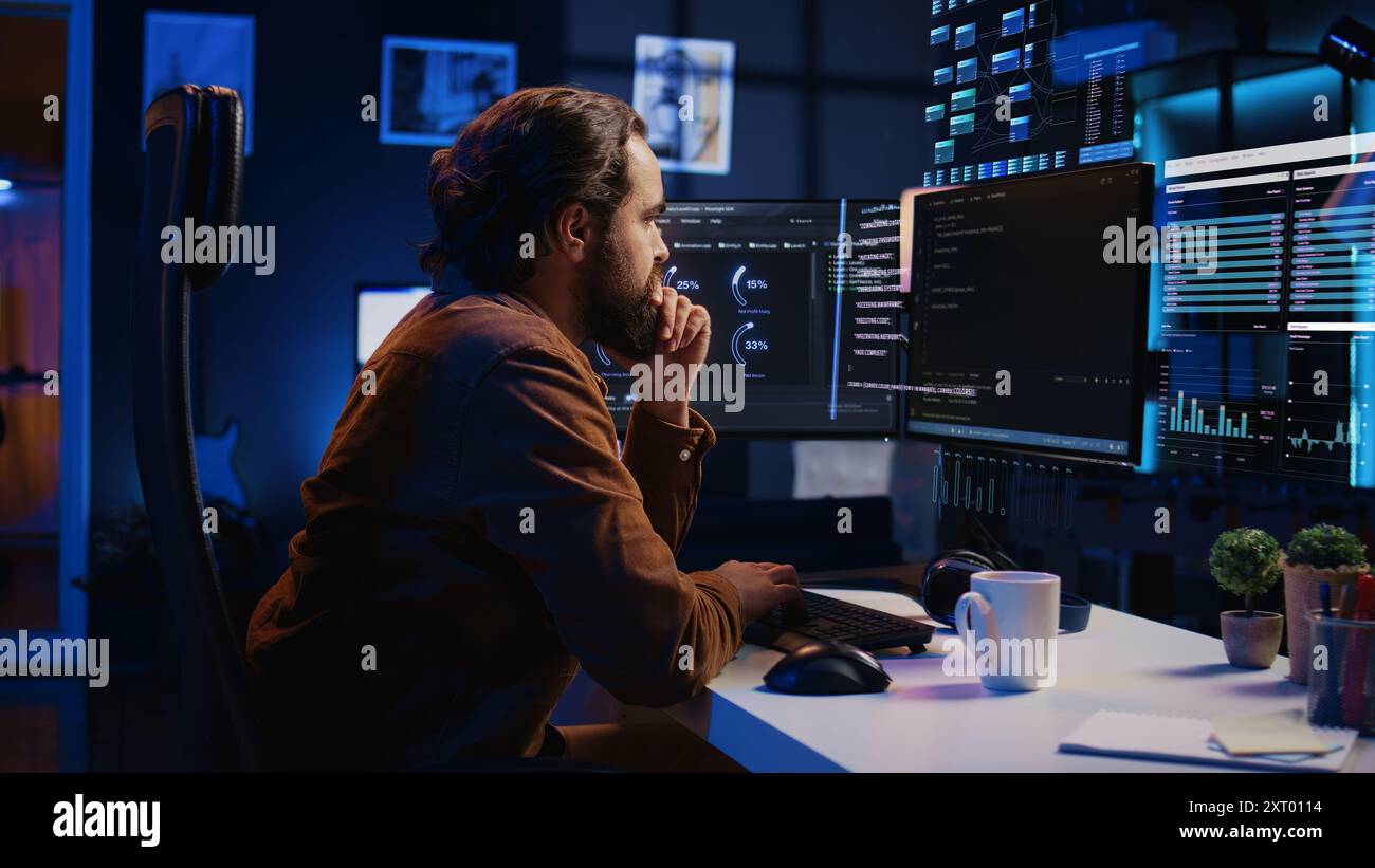 Freelancer working on computer, using AR augmented reality tech to do coding. Remote worker at ...