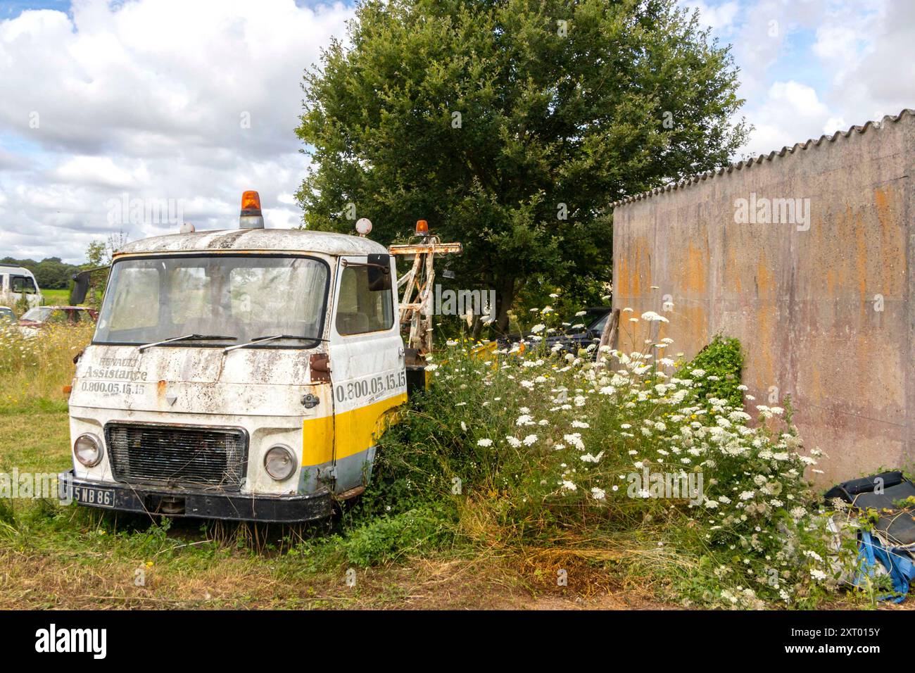 abandoned renault saviem rescue truck vintage classic outside a garage ...