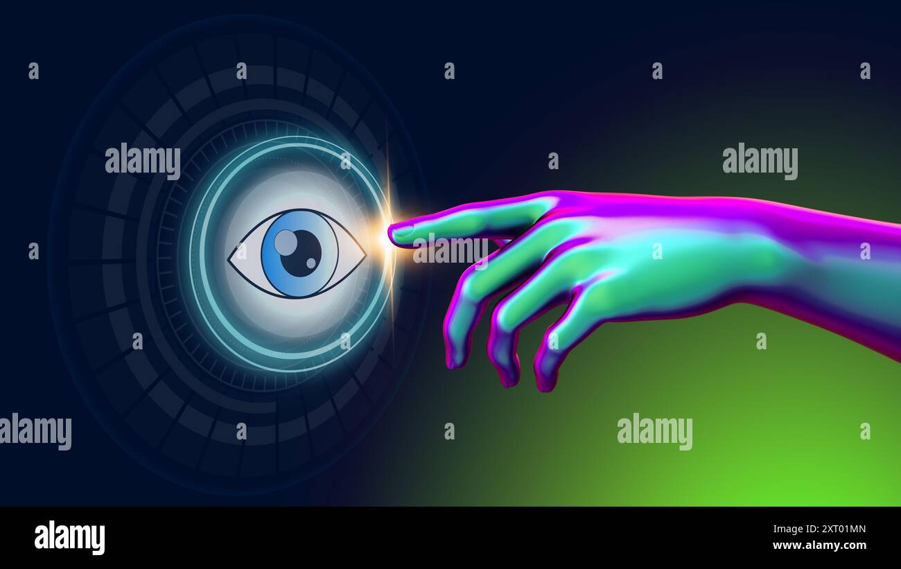 Robot arm touches the eye.Ophthalmology and technology background Stock ...