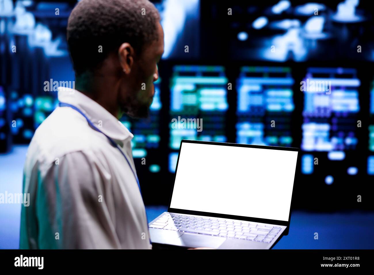 Computer Scientist Inspecting Blade Servers Doing Intense Computations Programmer Using Mock Up