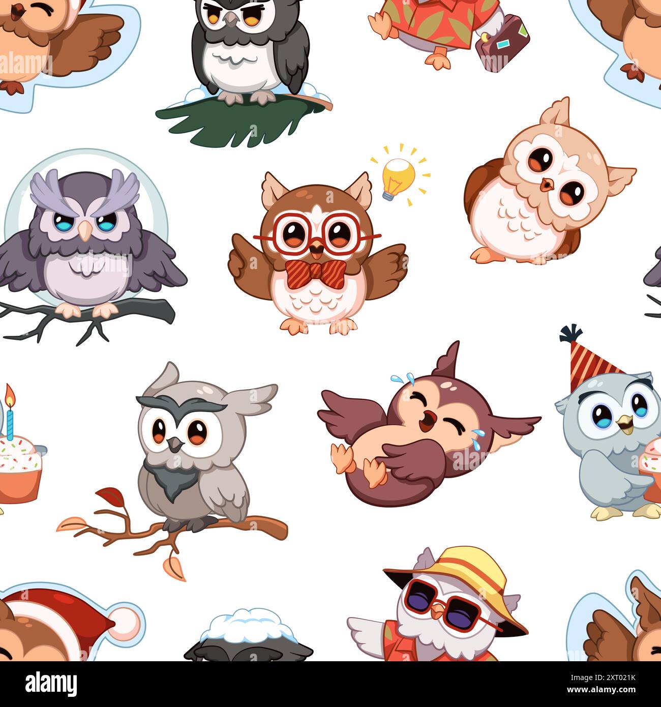 Wise owl seamless pattern. Kids bird characters, funny style, symbol of ...
