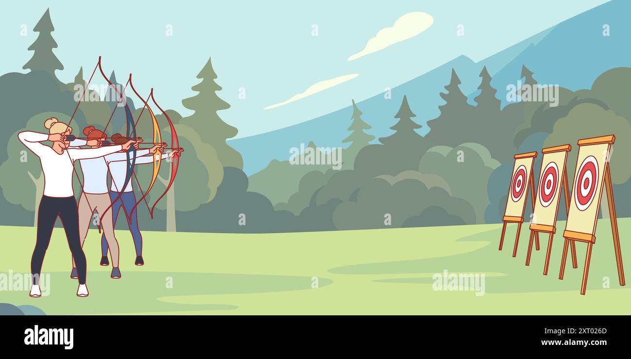 Shooting competitions. Girls shoot bows at round targets, archery ...