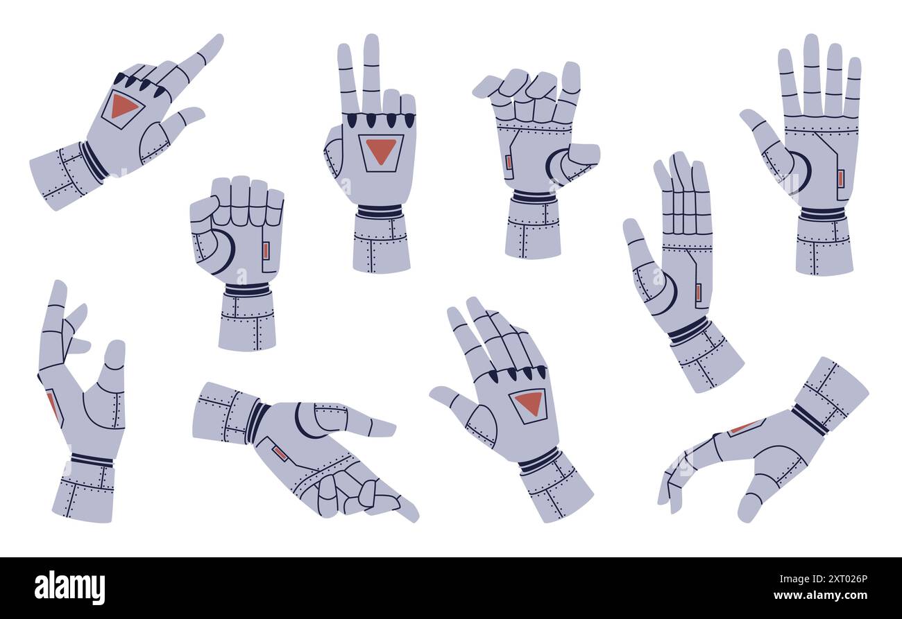 Robot hands. Mechanical cyborg arms, different gestures, flat limbs, bionic fingers, palms ...