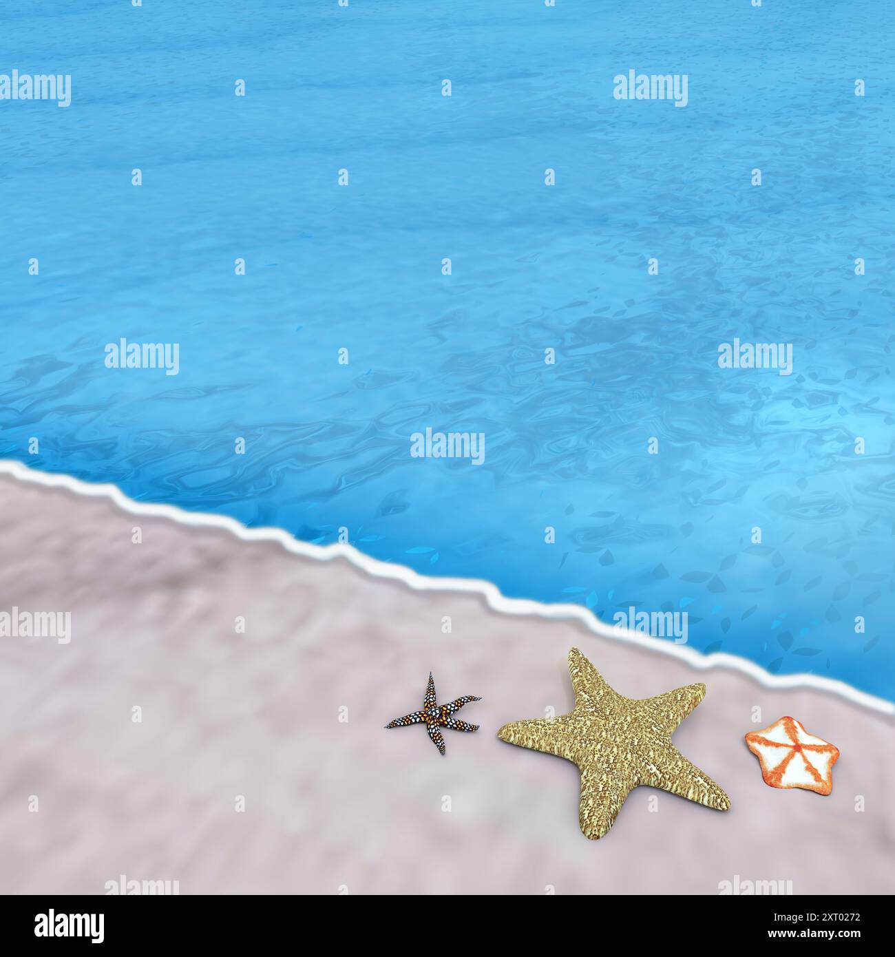 Three starfish laying on a sandy beach. Realistic style Stock Photo - Alamy