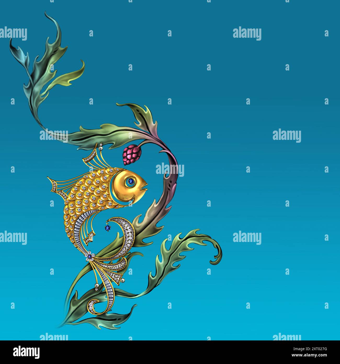 Golden fish. Underwater stylized fish illustration on teal background ...