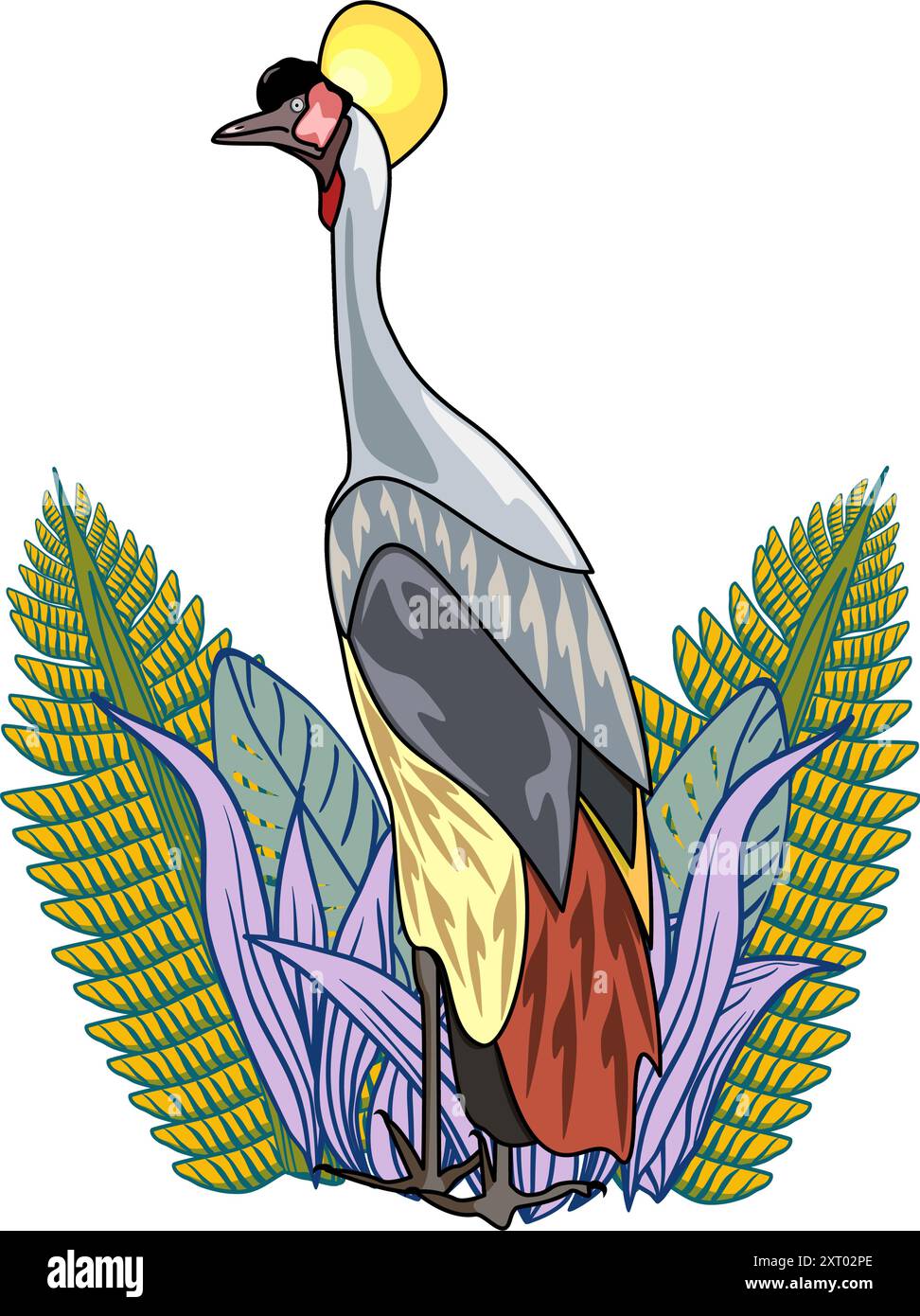 Grey crowned crane bird in tropical plants vector illustration Stock ...