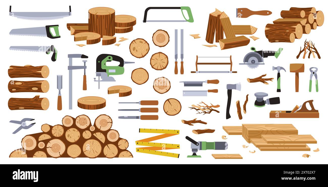 Cartoon carpentry tools and wooden materials. Trees trunks, planks and ...