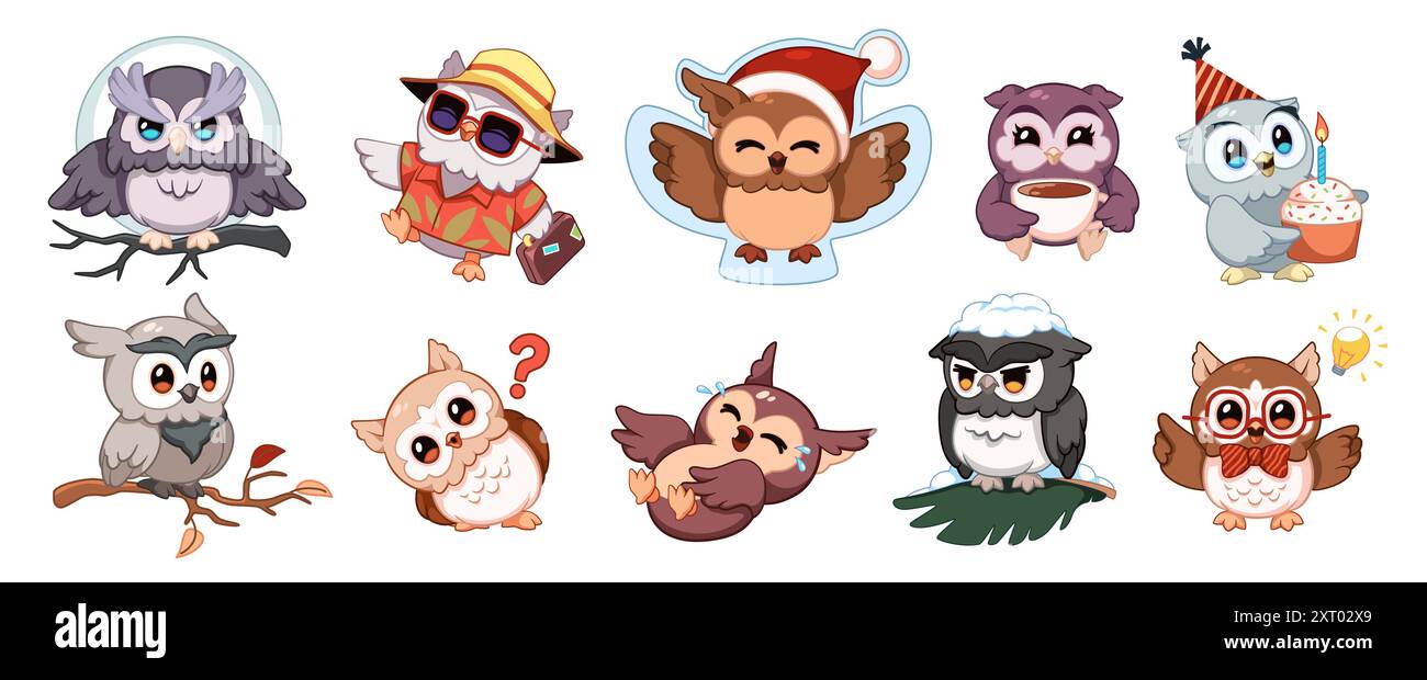 Cute cartoon owl characters. Funny birds, different actions, emotions ...